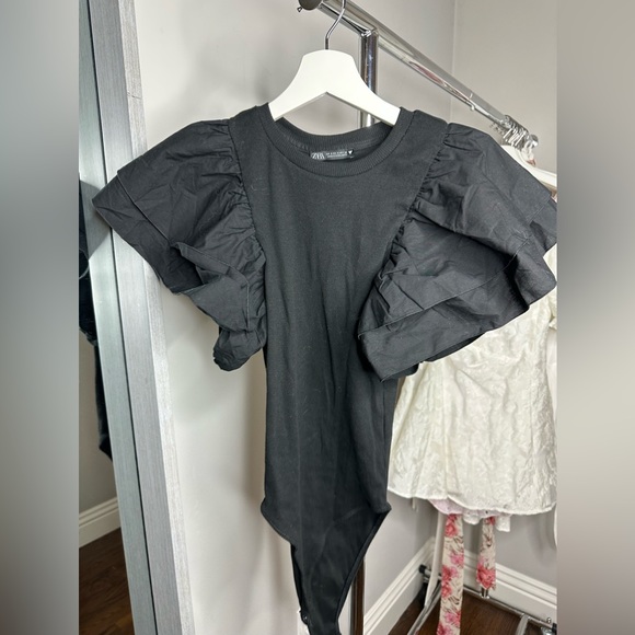 Zara | Tops | Zara Black Ruffled Bodysuit | Poshmark
